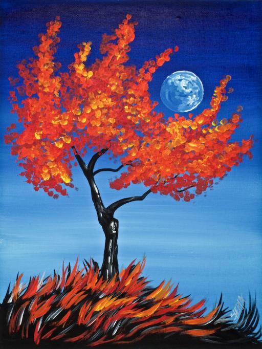 Q-Tip Fall Tree Hugging A Moon Acrylic Painting - Gallery - The Art ...