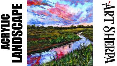 SUNSET STREAM LANDSCAPE Beginners Learn To Paint Acrylic Tutorial Step ...